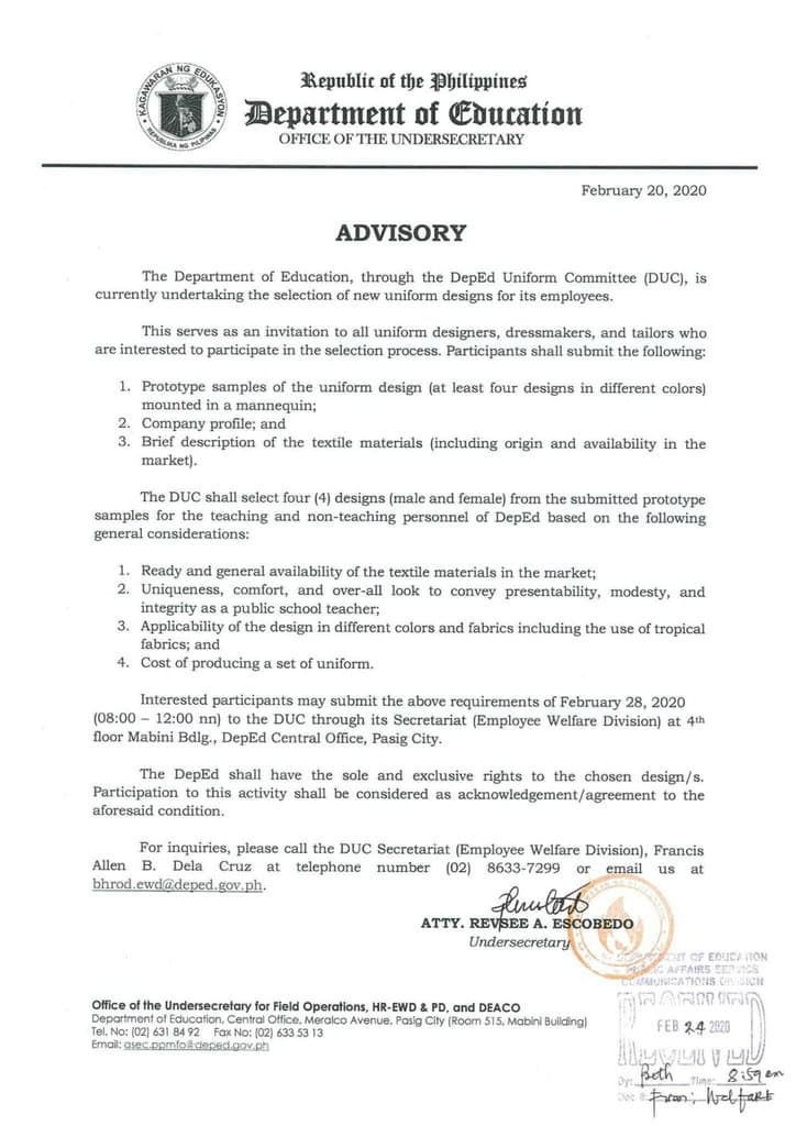 Selection of new uniform designs for DepEd employees