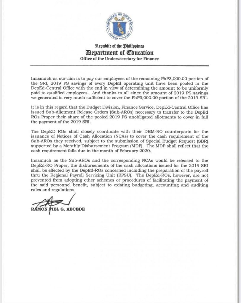 Full Payment of the 2019 Service Recognition Incentive (SRI)