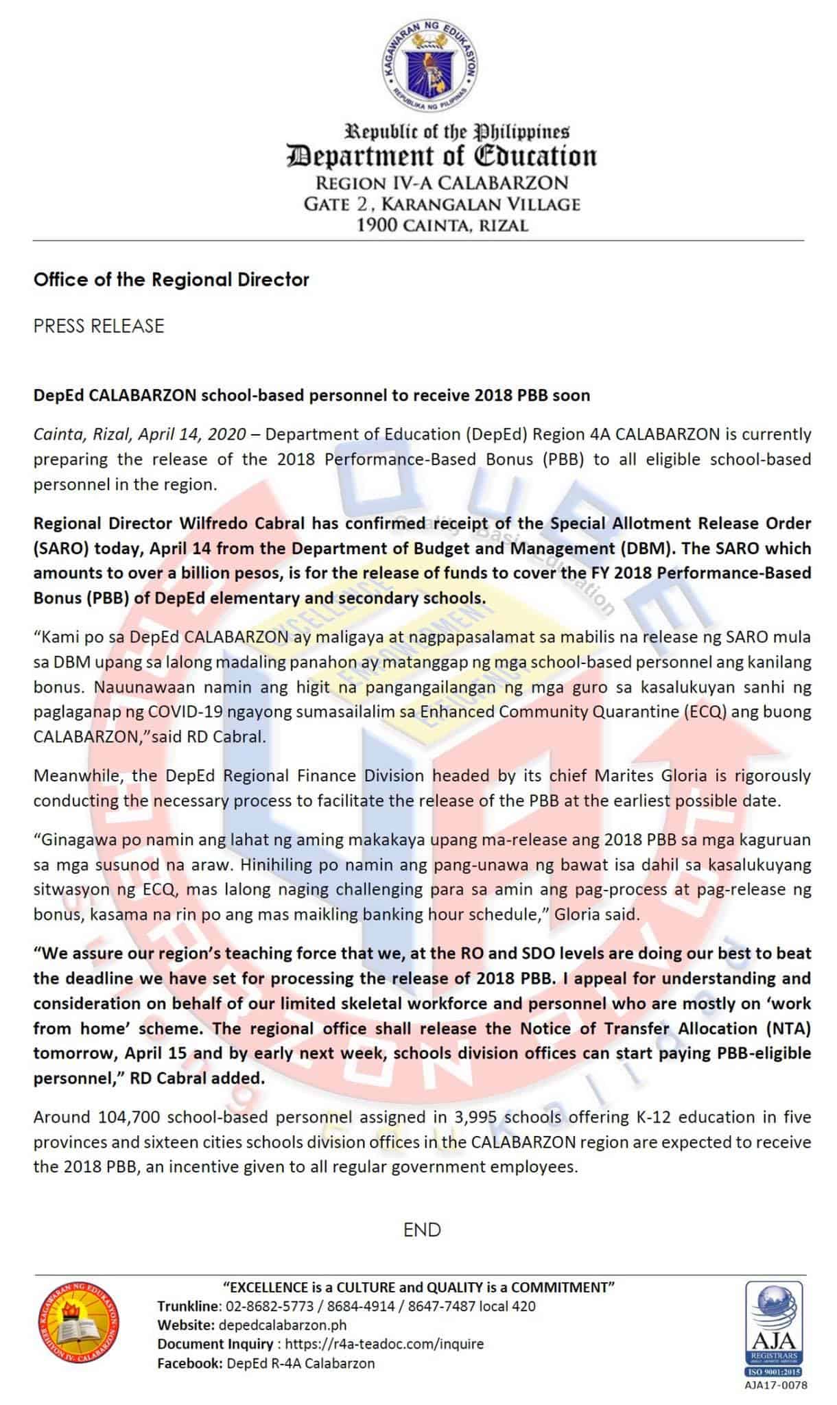 Just another update on the release of 2018 PBB (April 16, 2020)